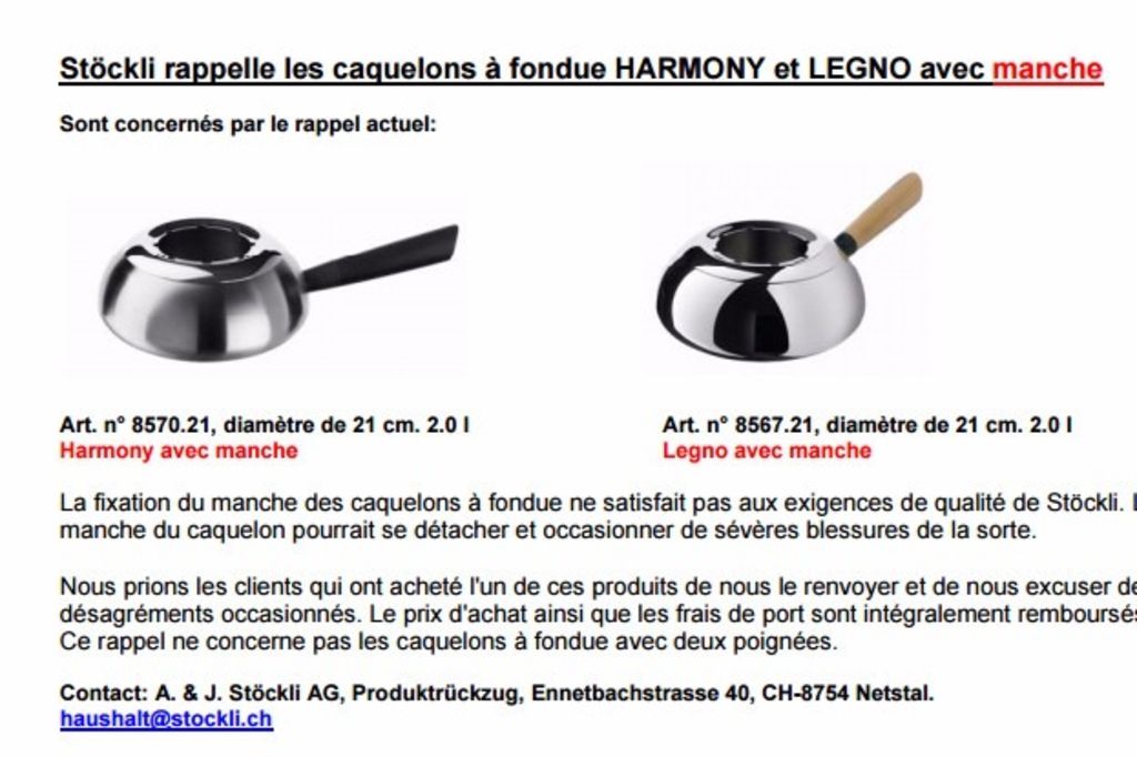 Des caquelons à fondue dangereux rappelés | 24 heures